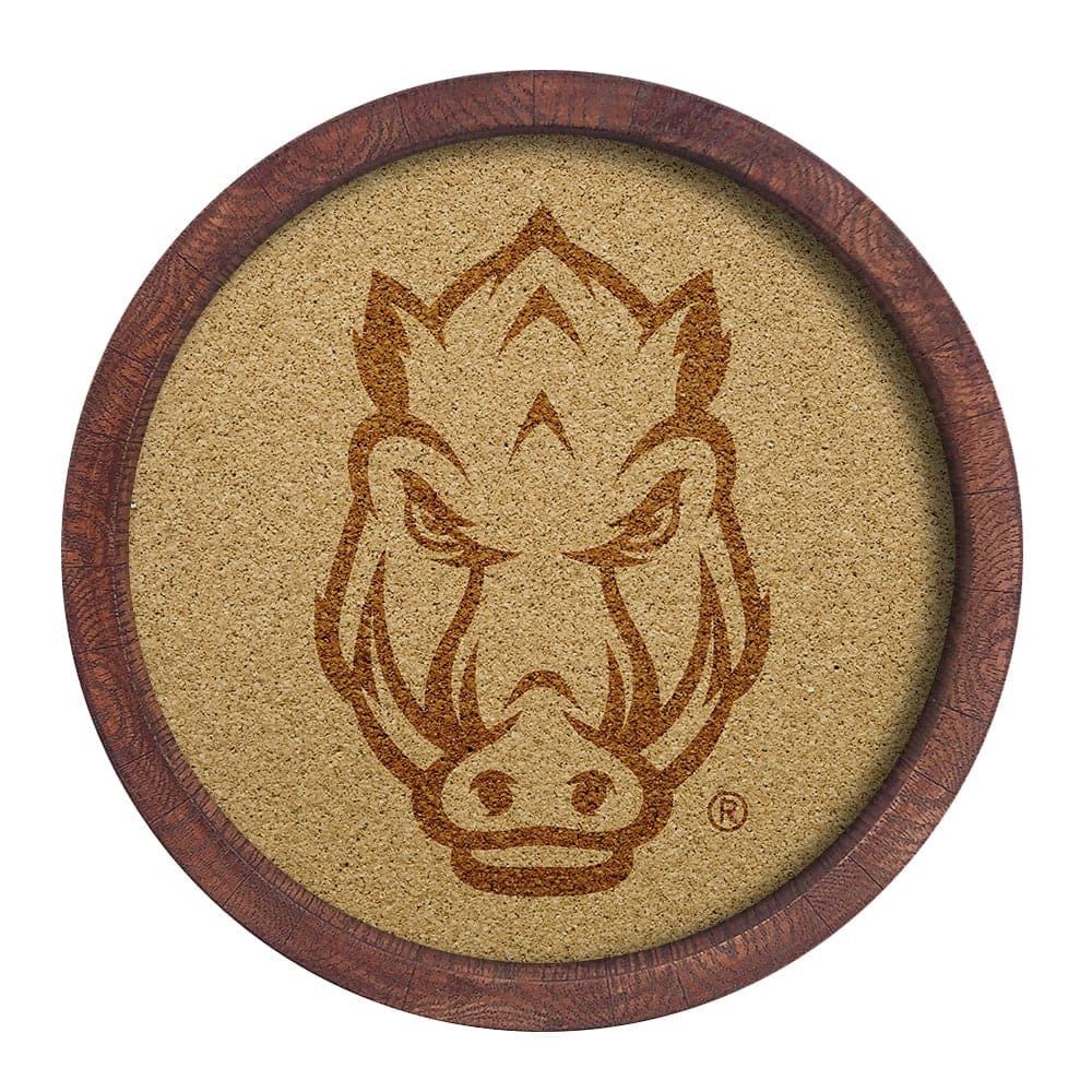 Arkansas Razorbacks: Tusk - "Faux" Barrel Framed Cork Board - The Fan-Brand